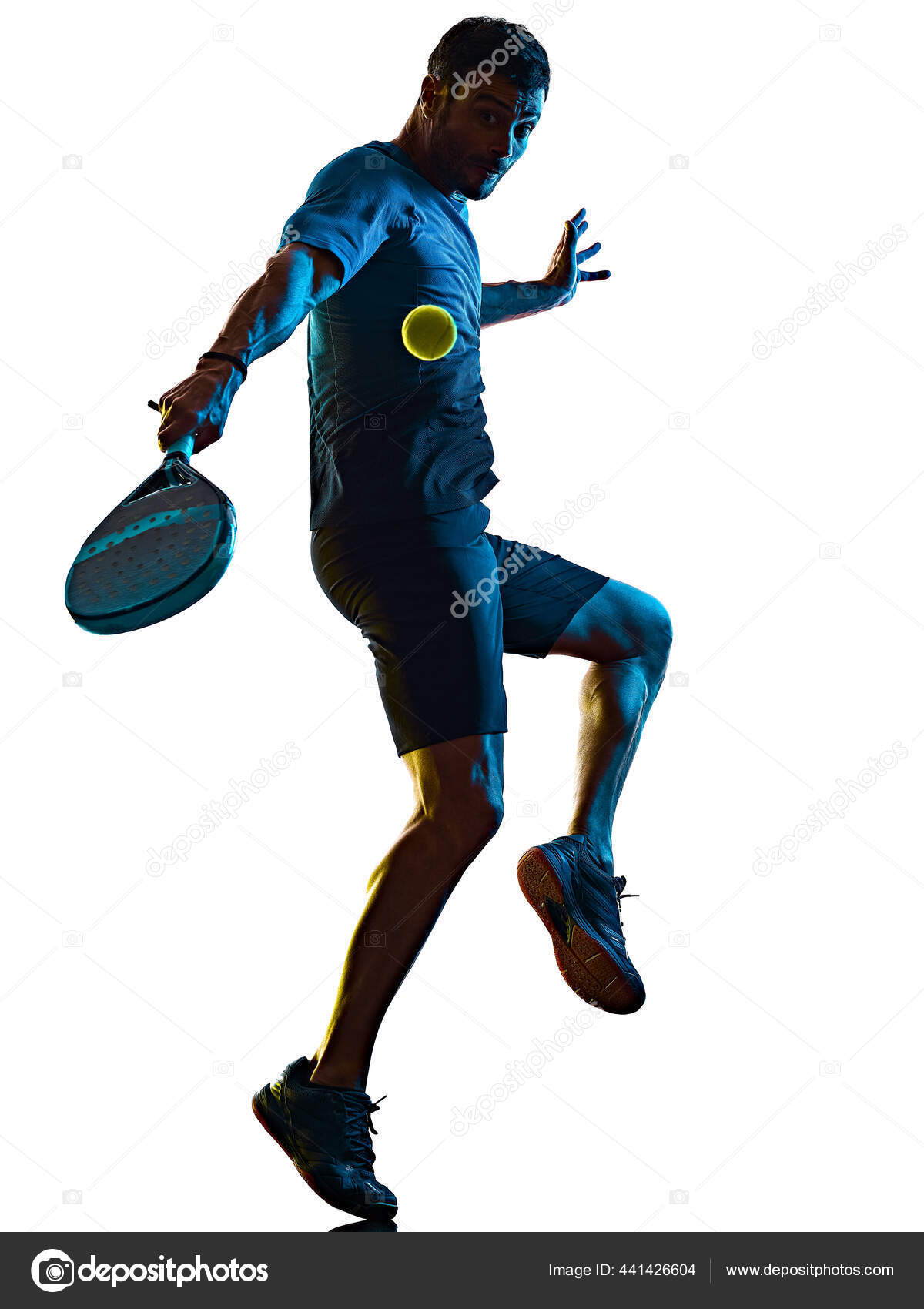 Mature man Paddle Padel player shadow silhouette isolated white ...