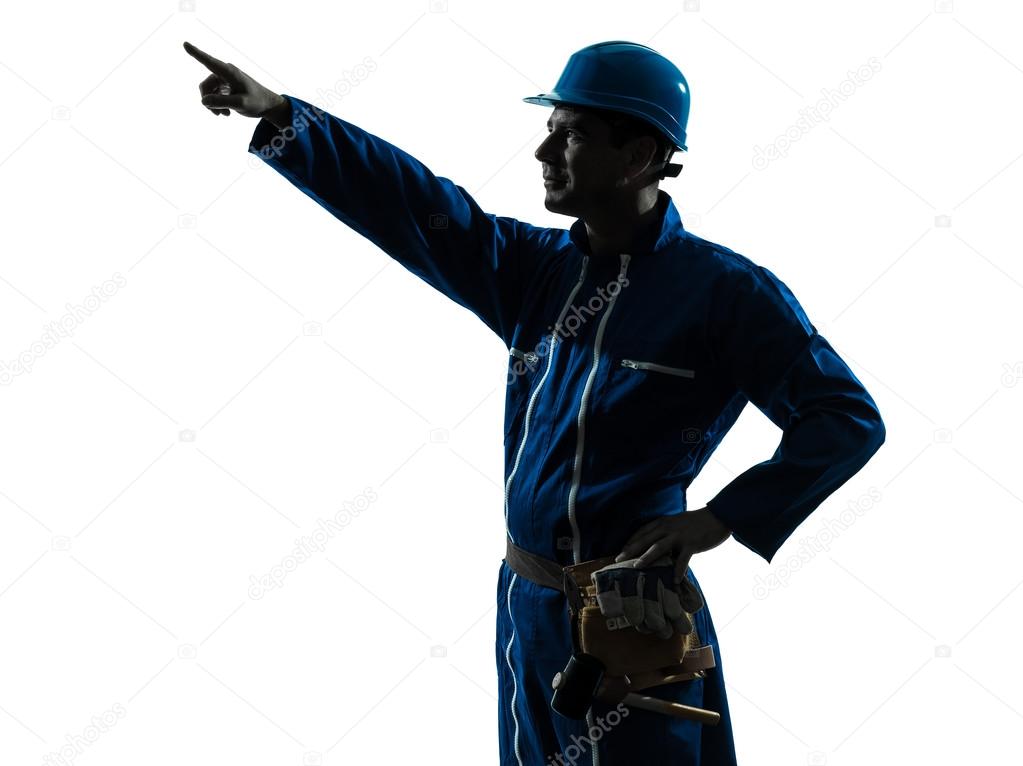 Man construction worker pointing showing silhouette portrait — Stock ...