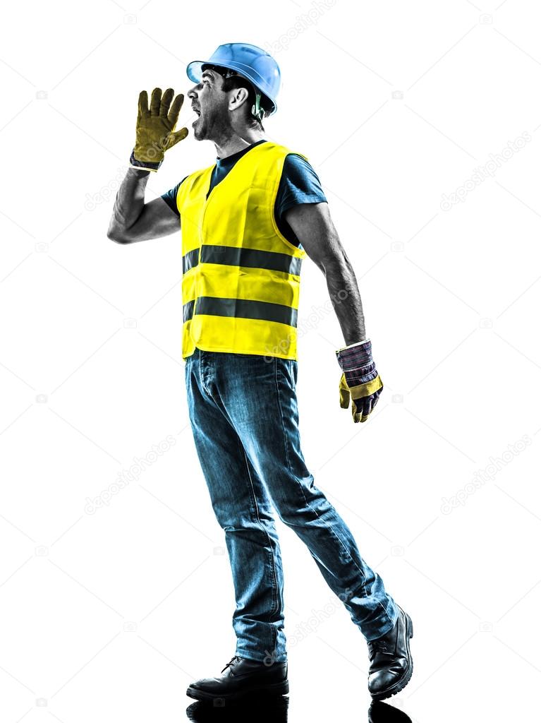 Construction worker screaming safety vest silhouette — Stock Photo ...