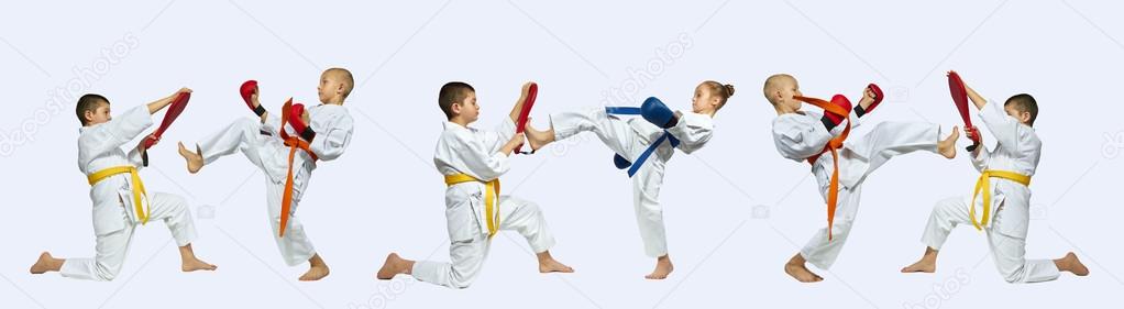 Sportsmen are beating blows leg forward on simulator collage — Stock ...