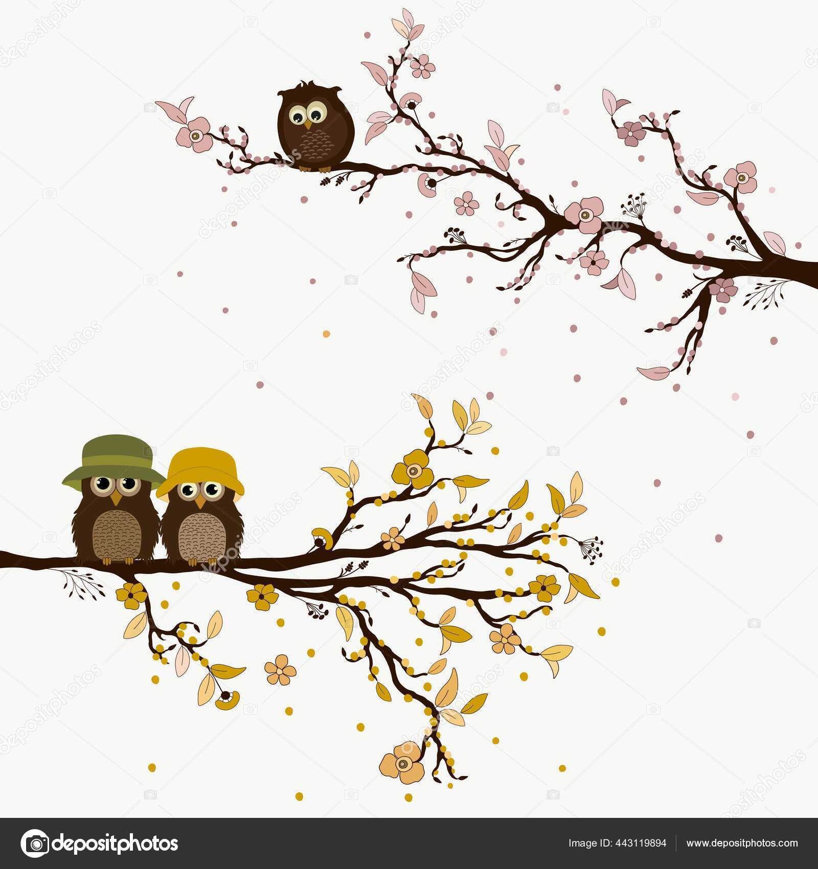 Lindos Búhos Dibujos Animados Rama Primavera Vector de stock #443119894 ...