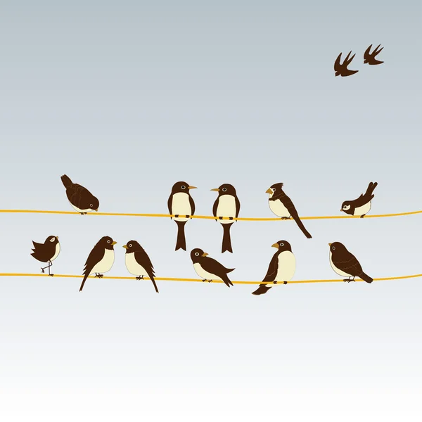 Set of birds on wires over blue sky background. A vector illustration ...