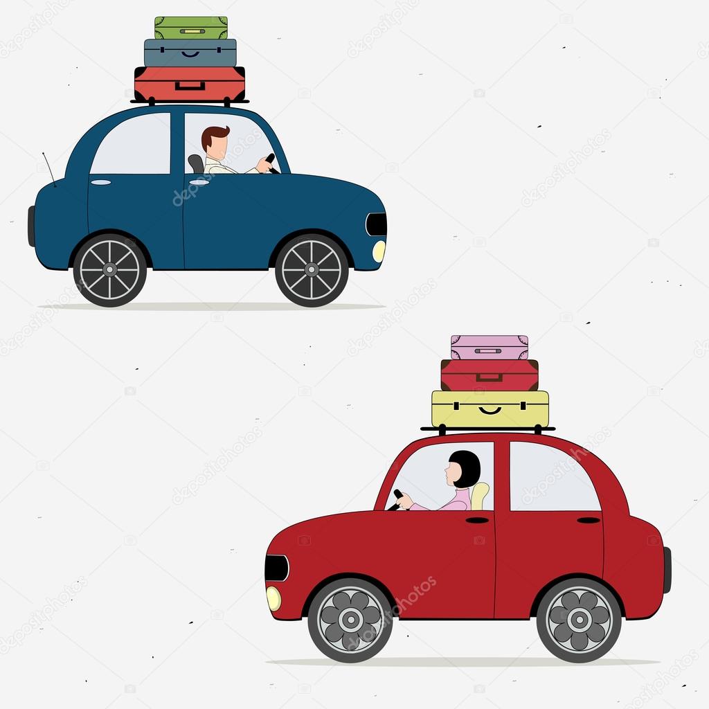 Dos Coches Cargados Con Maletas Conductores Vector Gráfico Vectorial