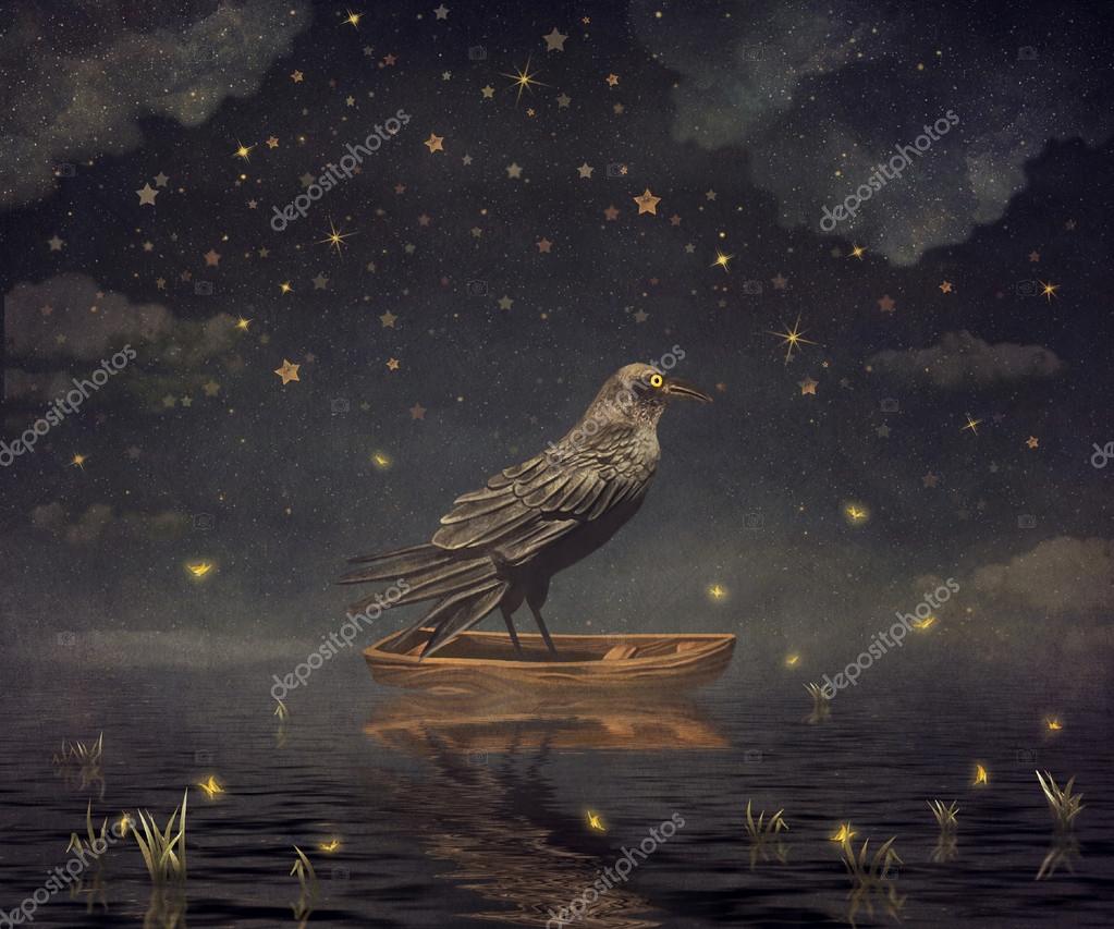 Black Raven in a boat at the river magical night , illustration art ...