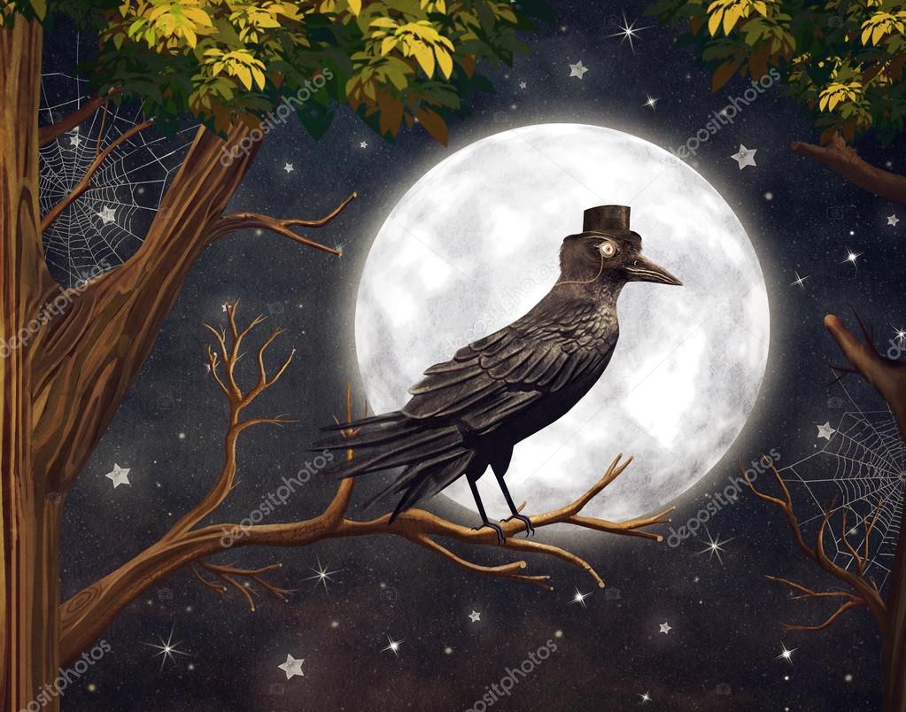 Raven in a moonlight in a dark forest , illustration art — Stock Photo ...