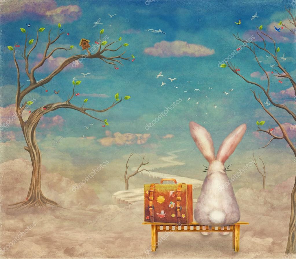 Sad rabbit with suitcase sitting on the bench on the cloud in sky ...
