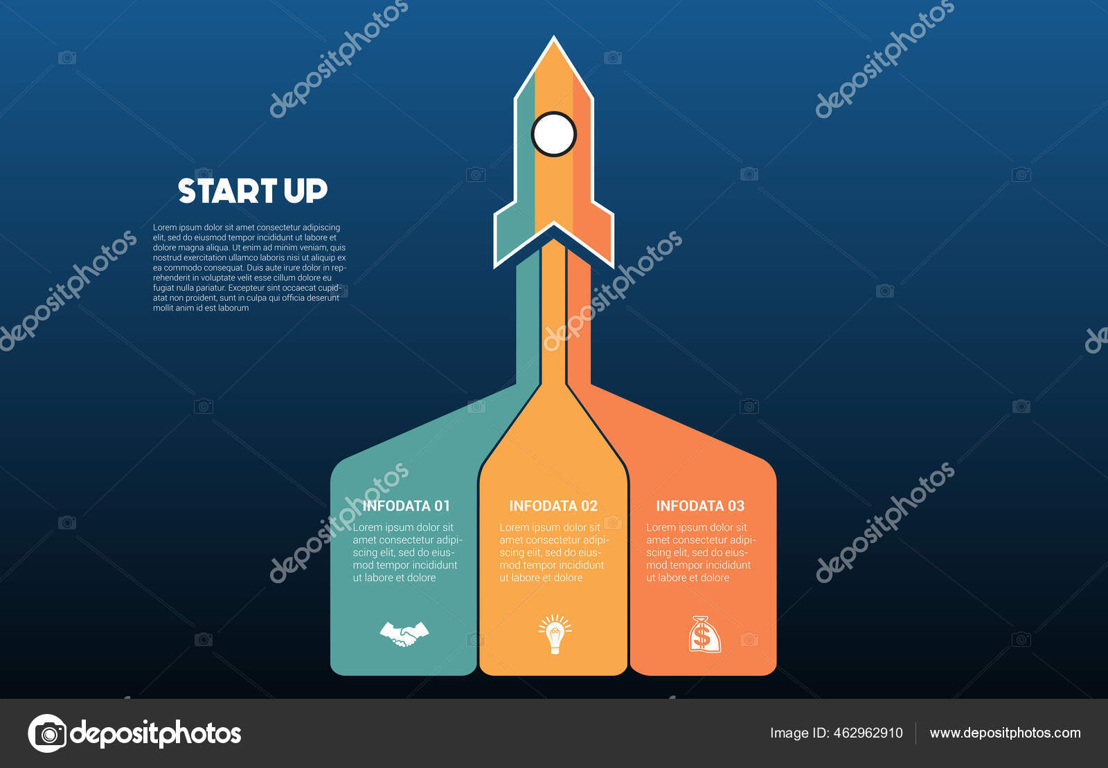 Startup Infographic Data Template Positions Blue Background Launching Rocket Colorful Stock ...