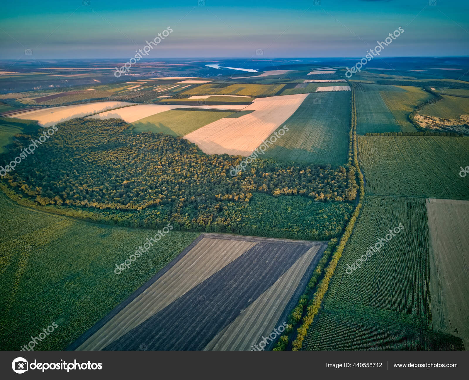 Aerial View Agricultural Fields Sunset — Stock Photo © igorartmd #440558712