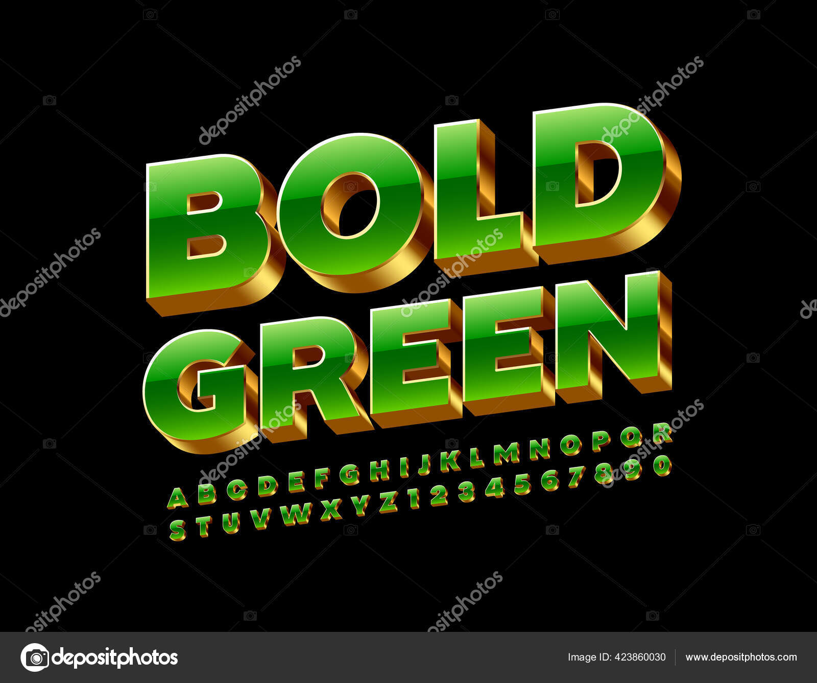 Vector Bold Green Gold Alphabet Letters Numbers Set Uppercase Font ...