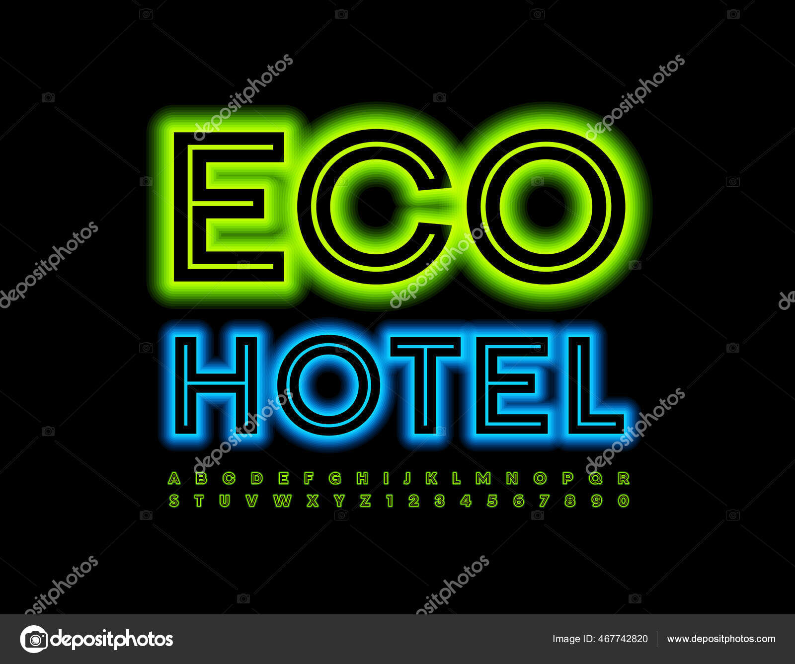 Vector Glowing Sign Eco Hotel Neon Alphabet Letters Numbers Set Stock ...