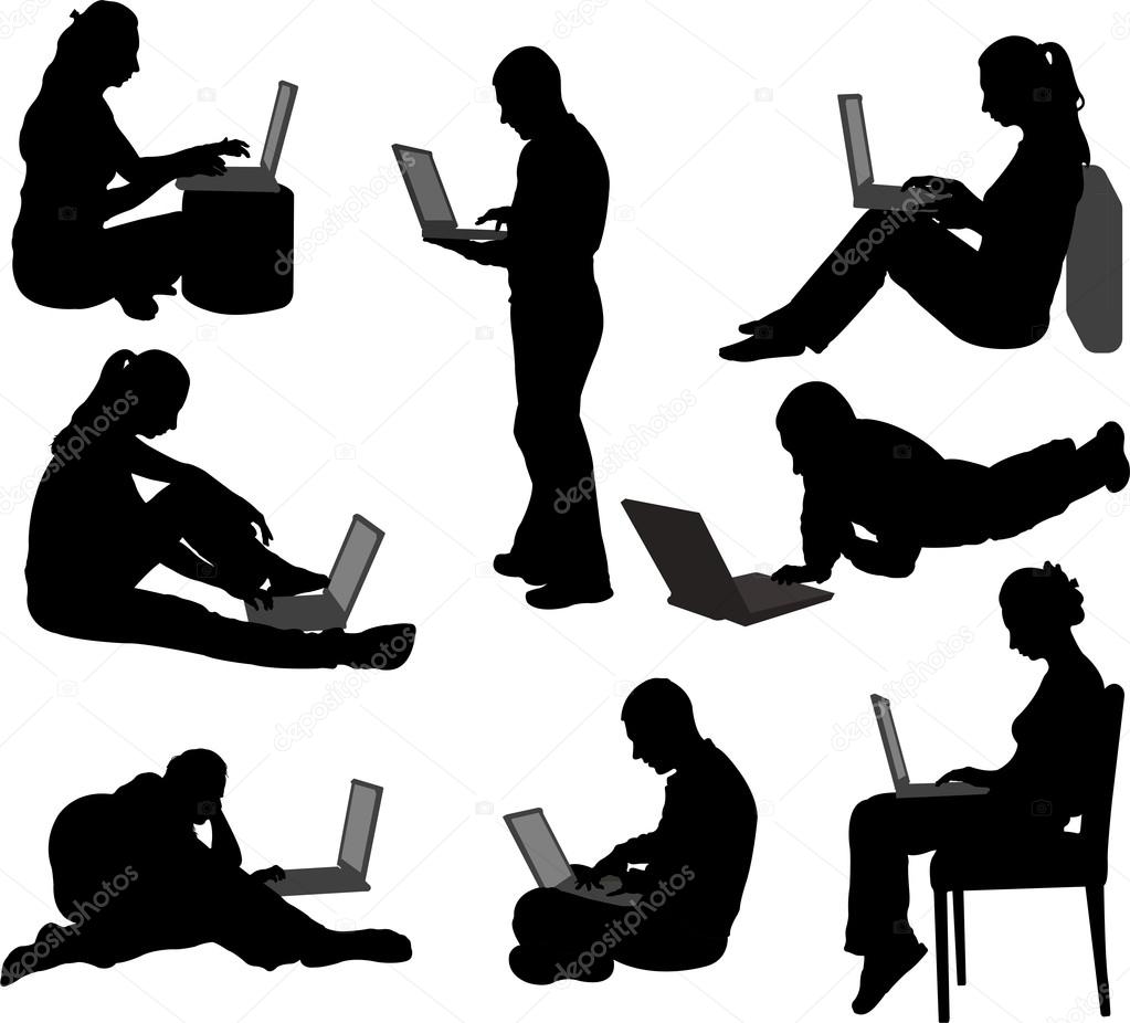 Silhouettes Sitting At Computer