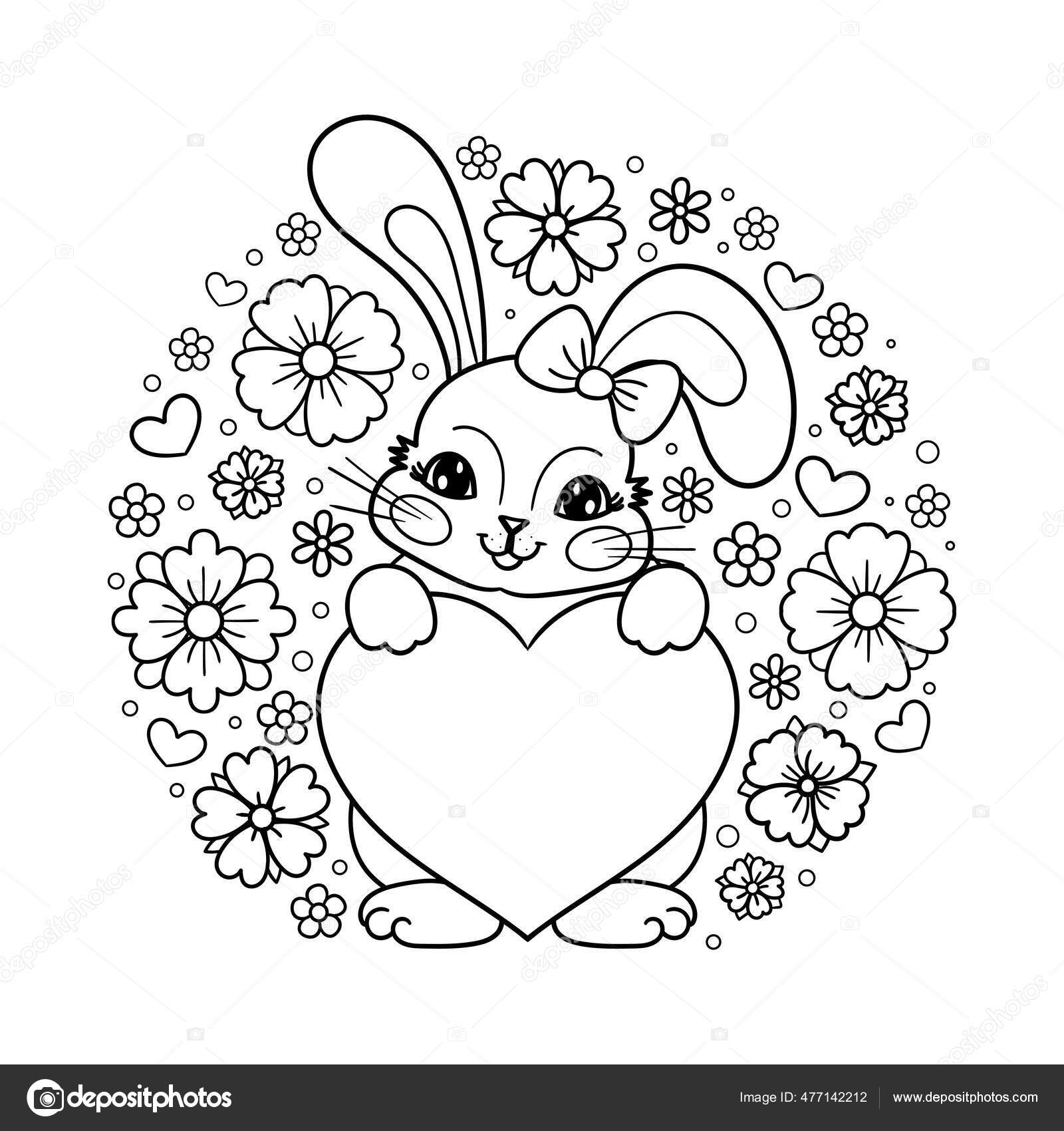 Roztomilý Kreslený Králík Srdcem Černobílý Lineární Obraz Otisky ...