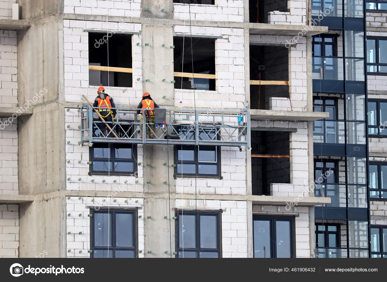 Workers Standing Lifting Platform Wall Unfinished House Construction ...