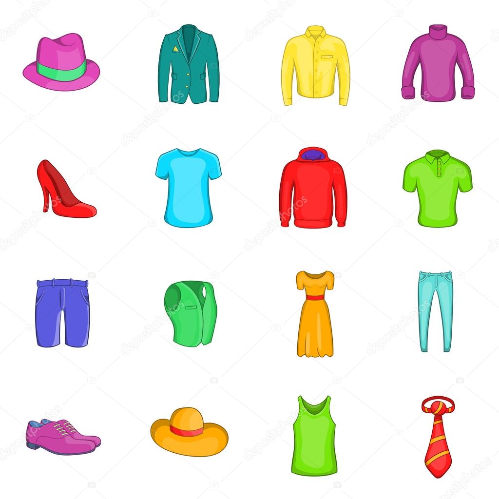 Conjunto de iconos de ropa, estilo de dibujos animados vector, gráfico ...