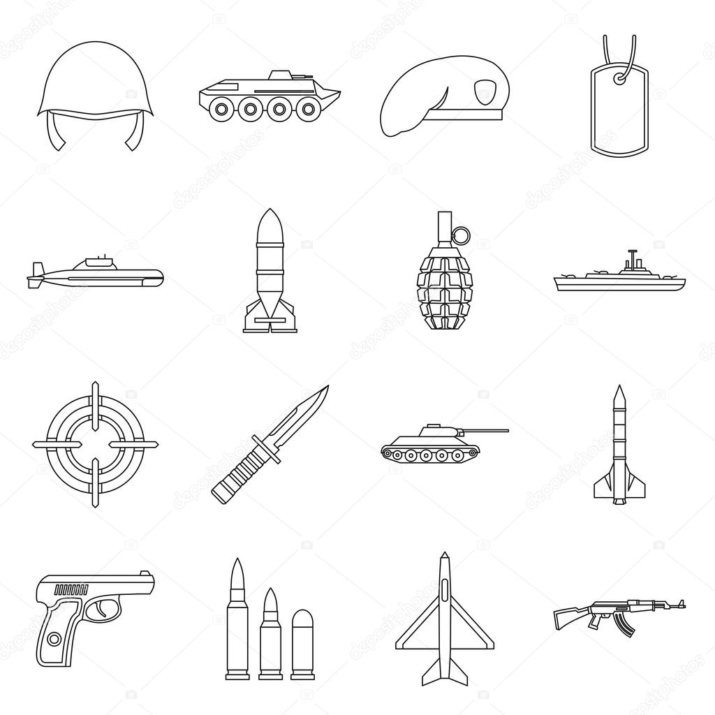 Military icons set, outline style Stock Vector by ©ylivdesign 117582444