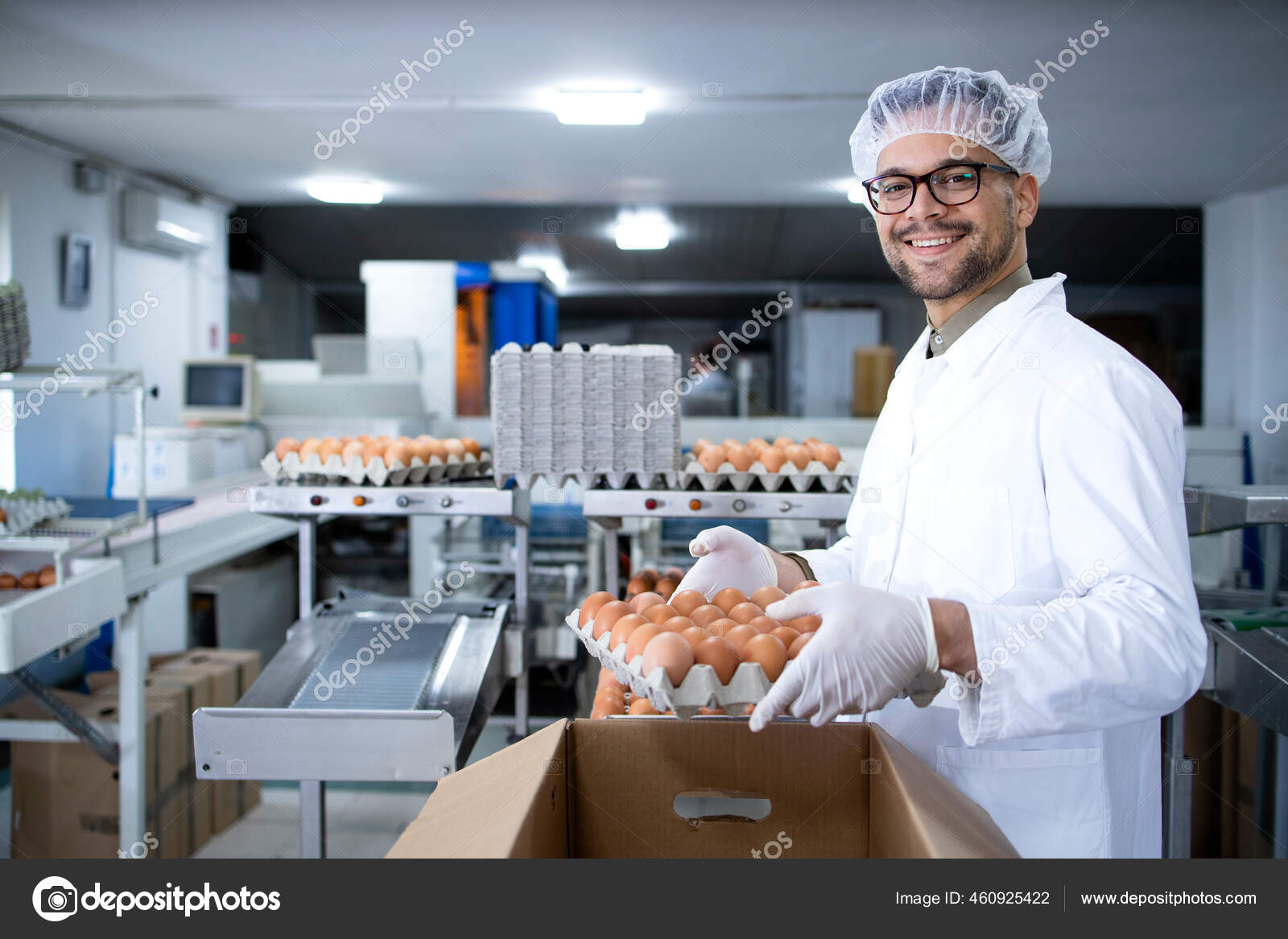 Food Factory Worker White Coat Hairnet Hygienic Gloves Packing Eggs ...