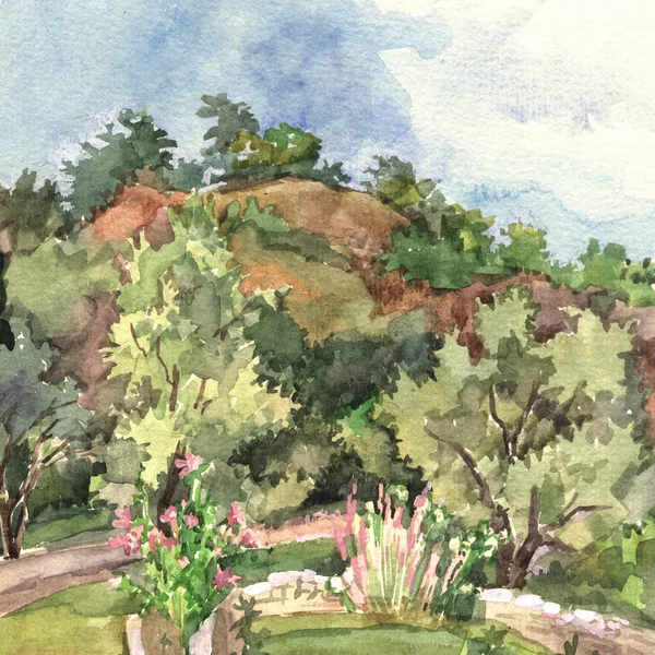 Watercolor summer landscape - Stock Image - Everypixel