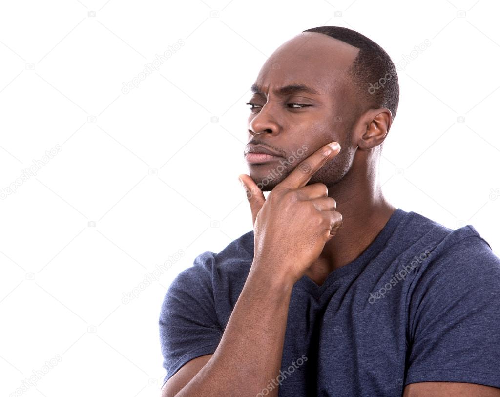 Black Man Pondering Confused Business Man Thinking In Studio Of Ideas,