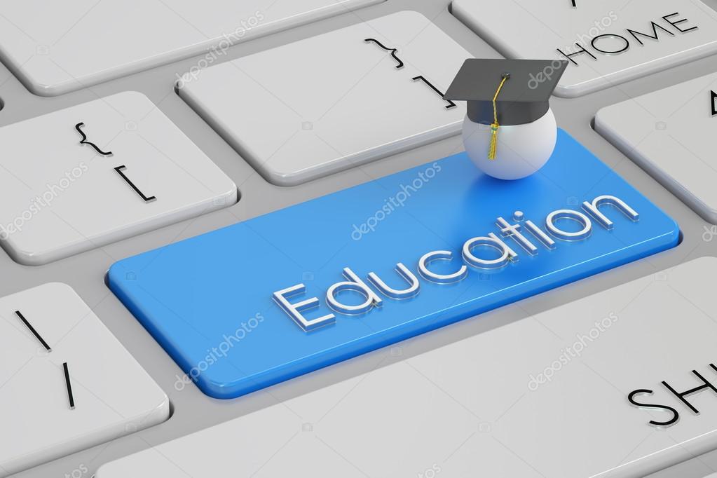 Education button, blue key on keyboard. 3D rendering — Stock Photo © alexlmx #122679974
