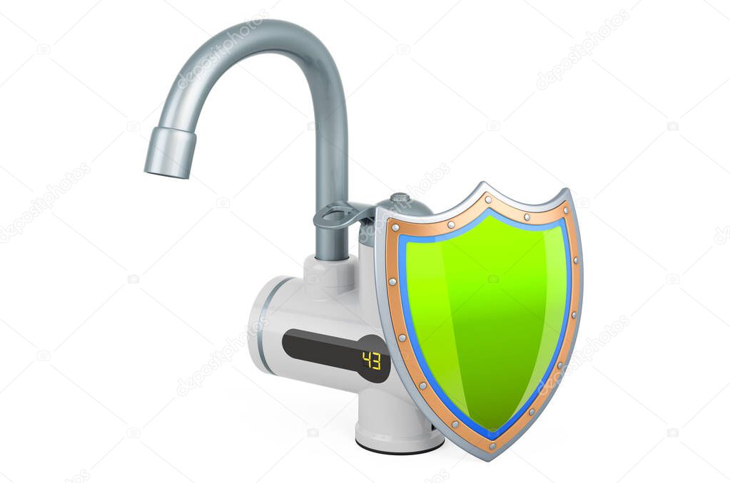 Calentador de agua caliente eléctrico instantáneo con escudo, renderizado 3D aislado sobre fondo ...