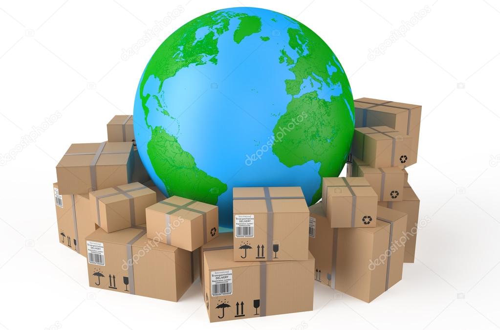 Cardboard boxes around Earth globe Stock Photo by ©alexlmx 66910413