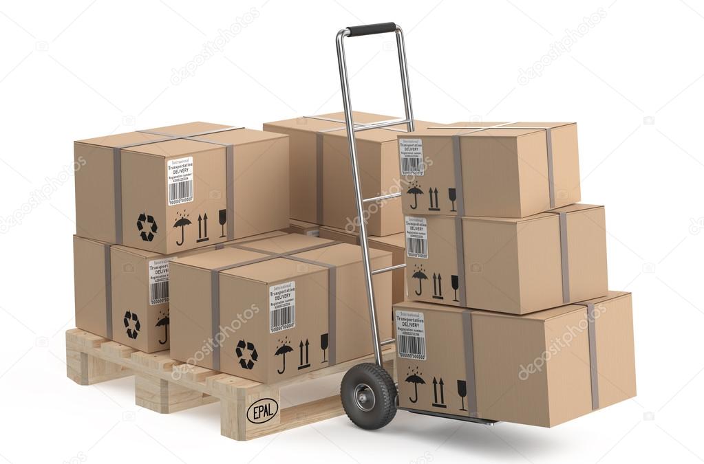 Cardboard boxes on pallet and hand truck Stock Photo by ©alexlmx 72973189
