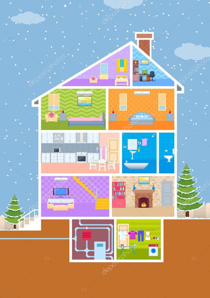 House in cut view with detailed interior and furniture Stock Vector ...