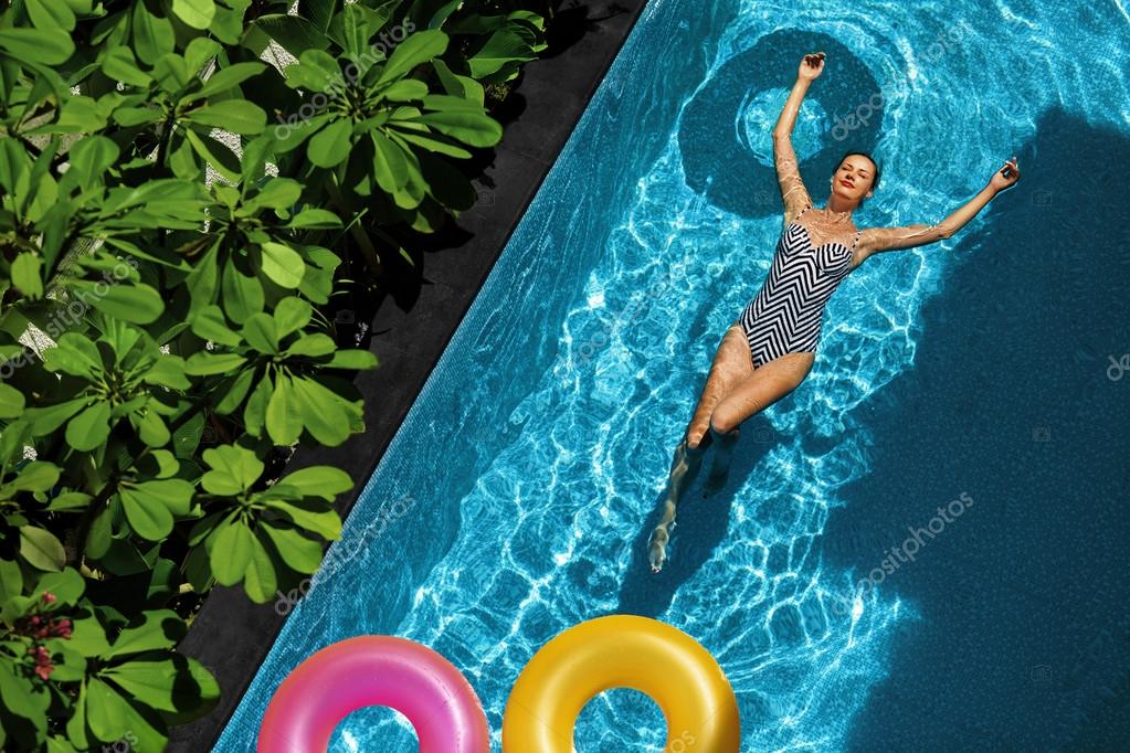 Summer Relax Woman Floating Swimming Pool Water Summertime Holidays