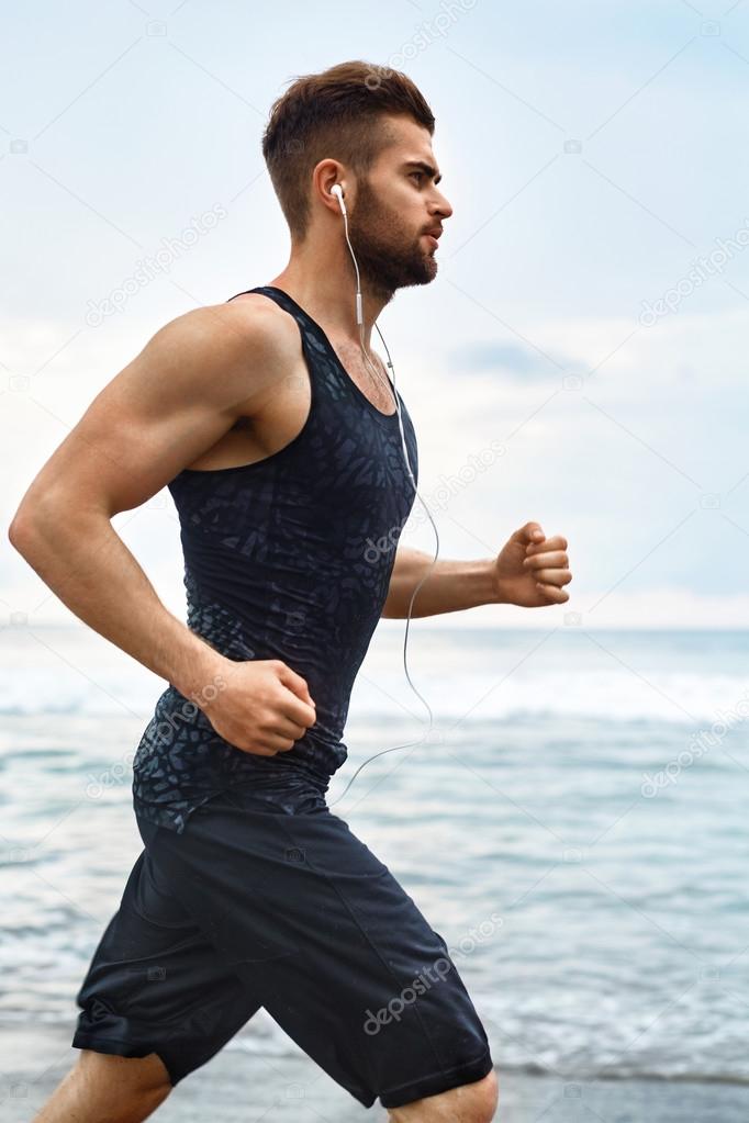 Running Man Jogging At Beach During Fitness Workout Outdoor. Sports ...