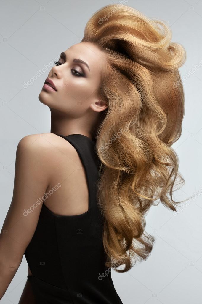 Hair Volume Portrait Of Beautiful Blonde With Long Wavy Hair Stock