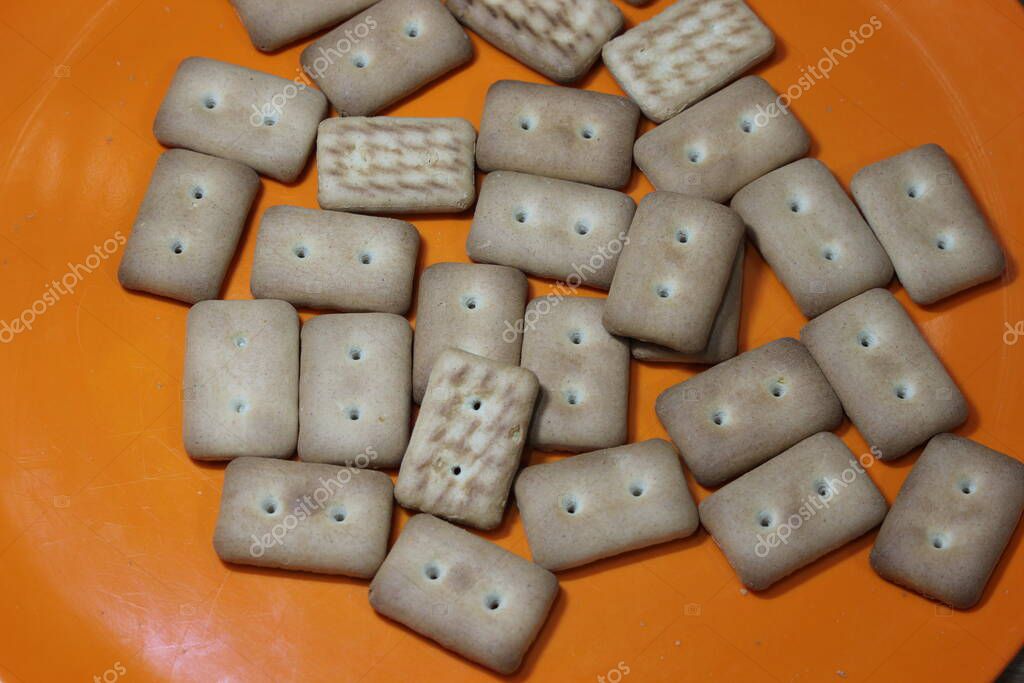 Vista superior cercana de galletas de galleta. Muchas galletas ...