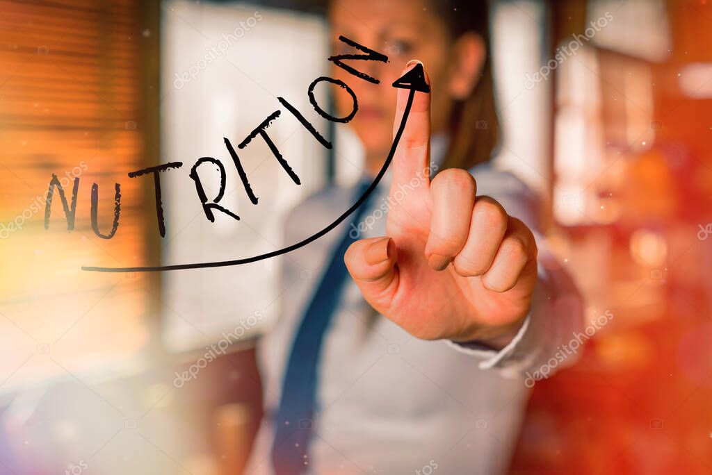 Signo de texto que muestra Nutrición. Acto fotográfico conceptual o proceso de nutrir o ser ...