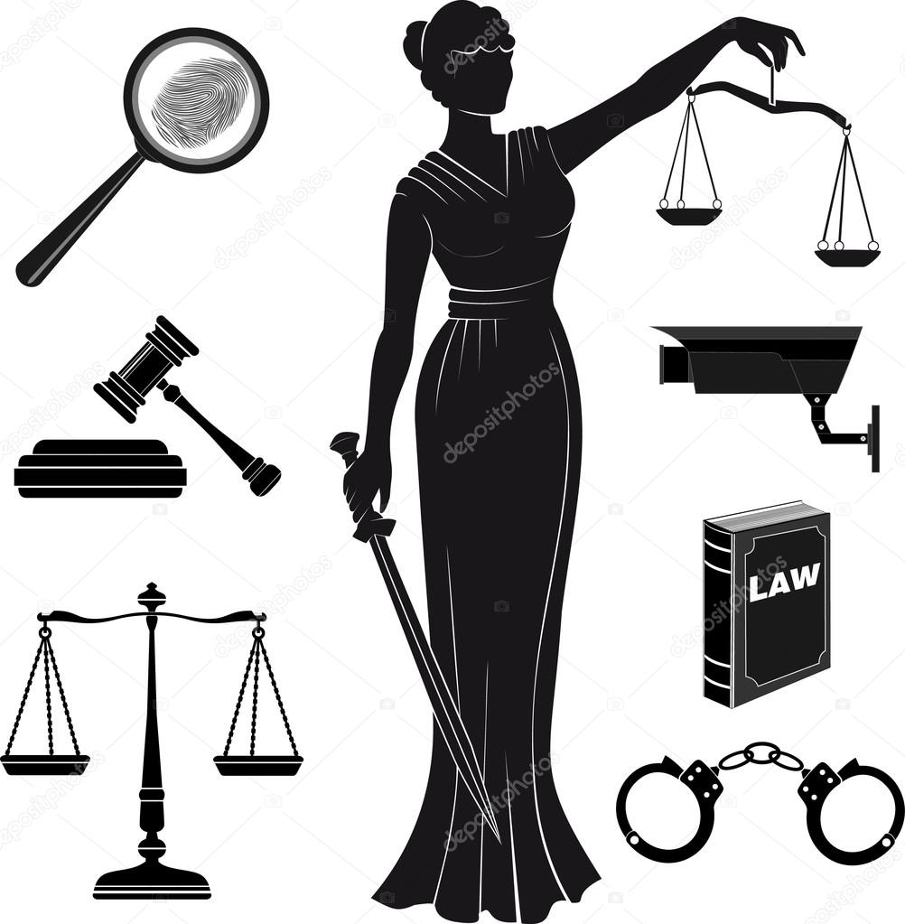 Court.Set of icons on a theme the judicial.law.Themis . justice.lady ...