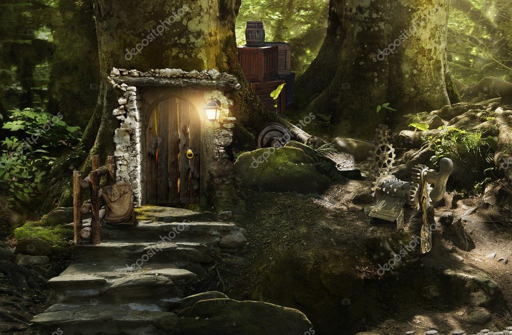 Housing dwarves and elves in a magical forest — Stock Photo ...