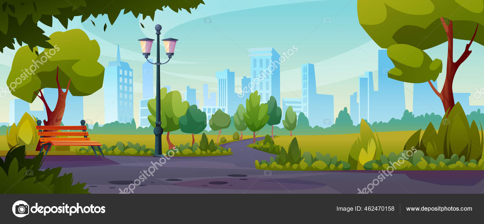 Jalan taman, pohon hijau, bangku, latar belakang pemandangan kota ...