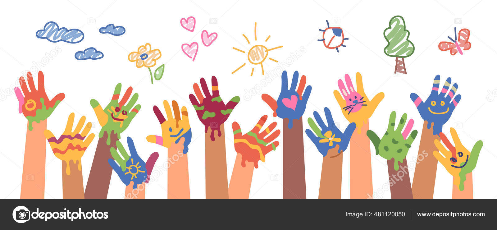 Kindergarten hands with paint, children drawings Stock Vector Image by ...