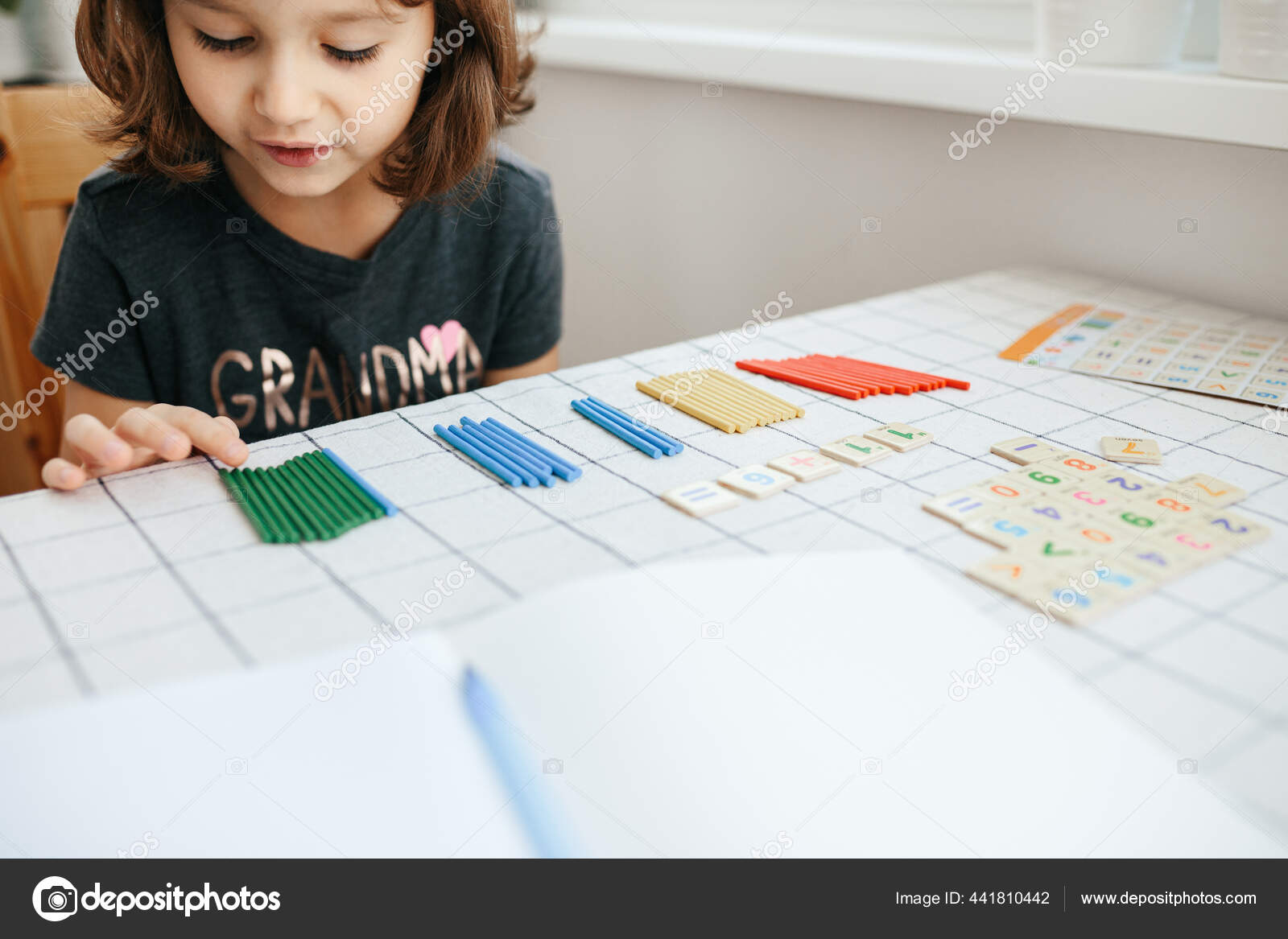 Caucasian Girl Learning Numeracy Adding Subtracting Counting Colorful ...