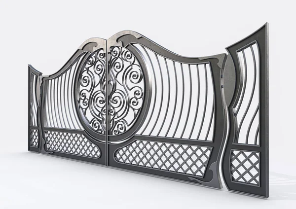 A set of ornate decorative cast iron driveway gates on an isolated ...