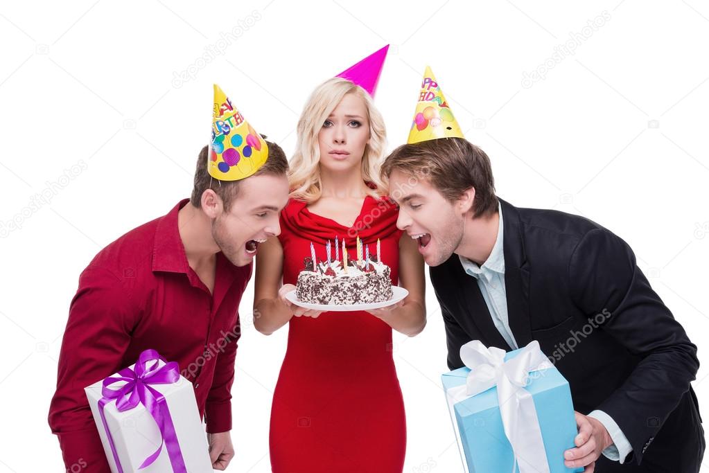 Funny people with birthday hats and cake Stock Photo by ©dima ...