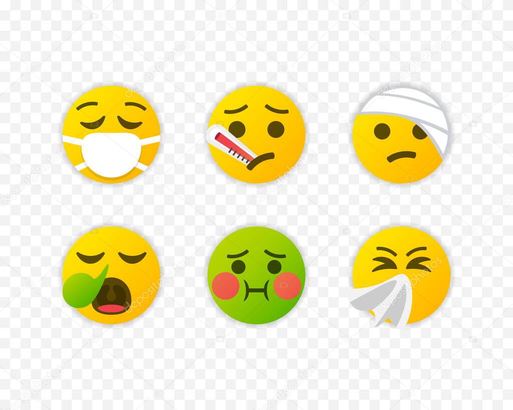 Emoji enfermo conjunto. Emoticon Iconos colección aislada Vector ...