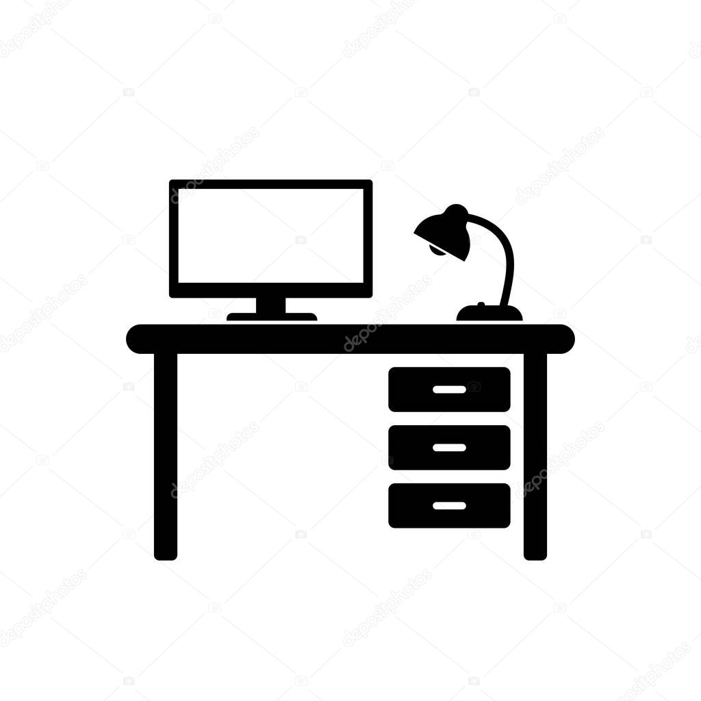 Escritorio o lugar de trabajo icono de vector. Mesa con símbolo de ordenador y lámpara aislada ...
