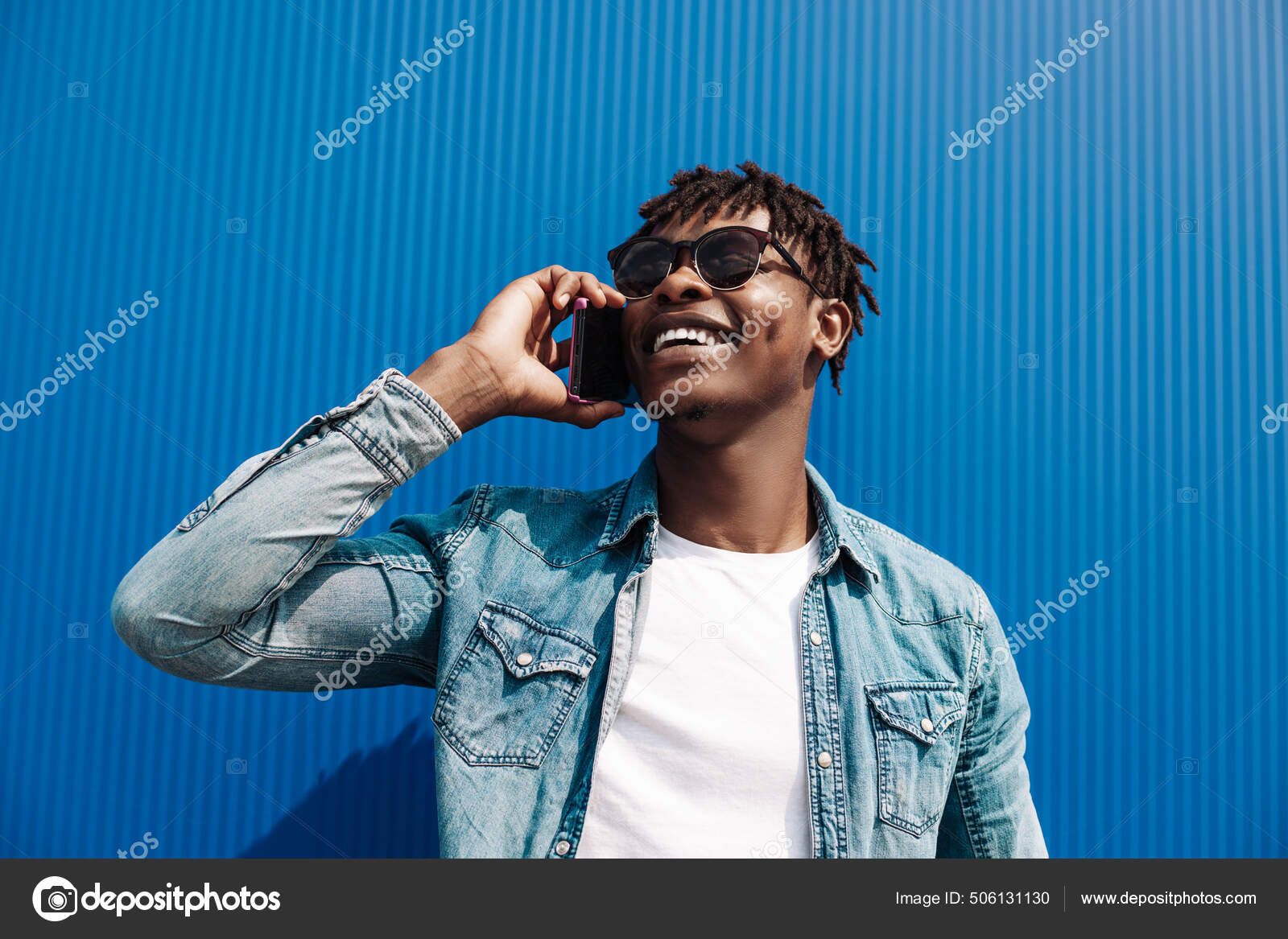 Black Guy African Talking Phone Background Blue Building Concept ...