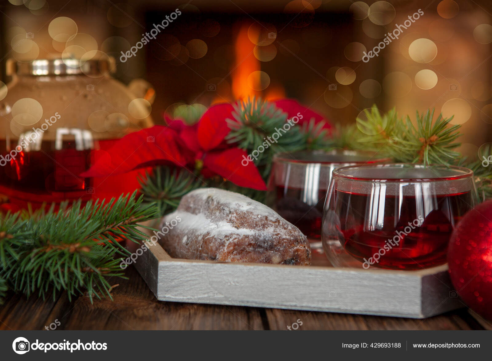 Cup Fruit Tea Stollen Background Live Fire Fireplace Christmas New ...