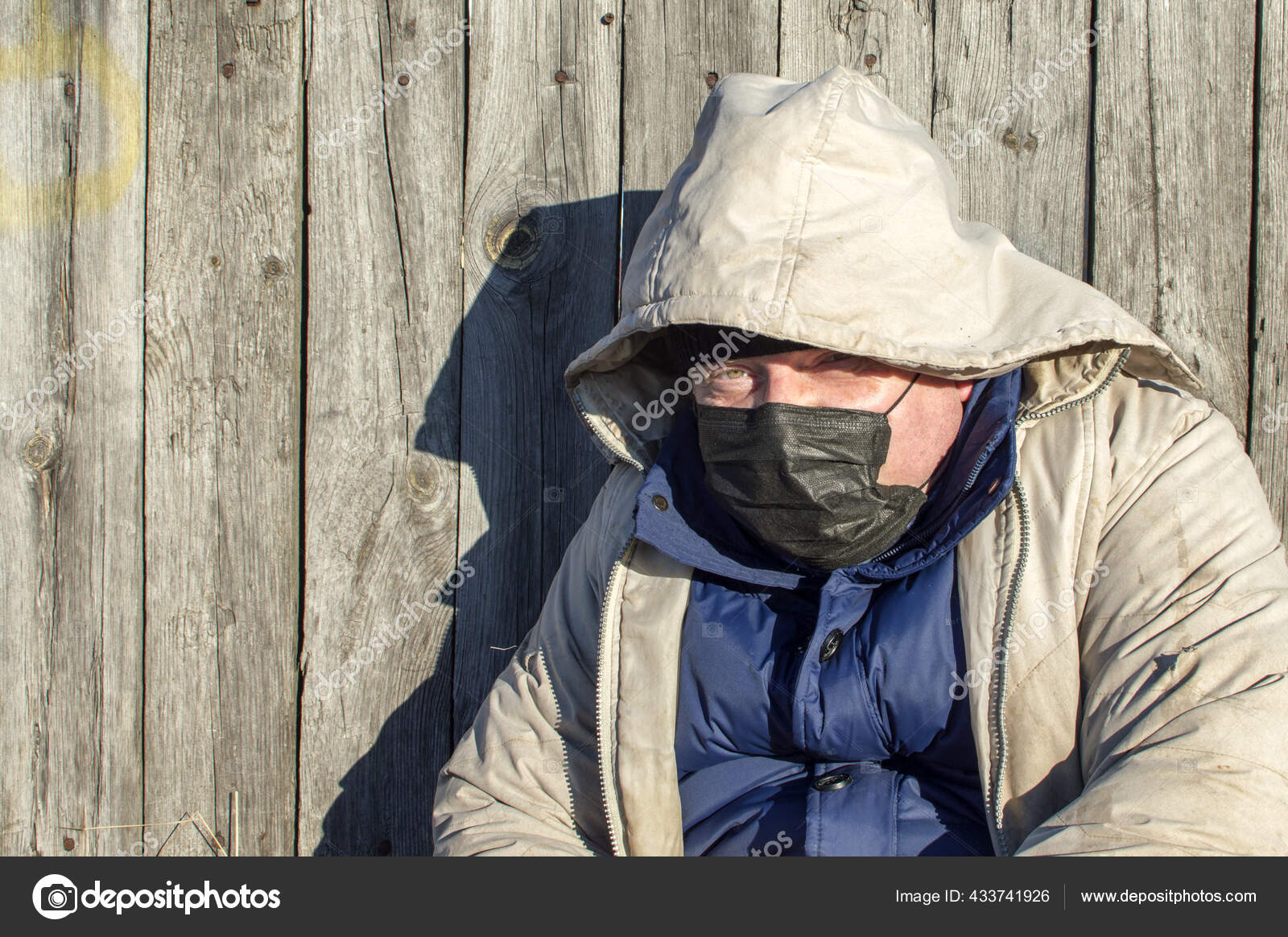 Homeless Man Ragged Clothes Medical Mask Sits Wooden Fence Covid ⬇ ...