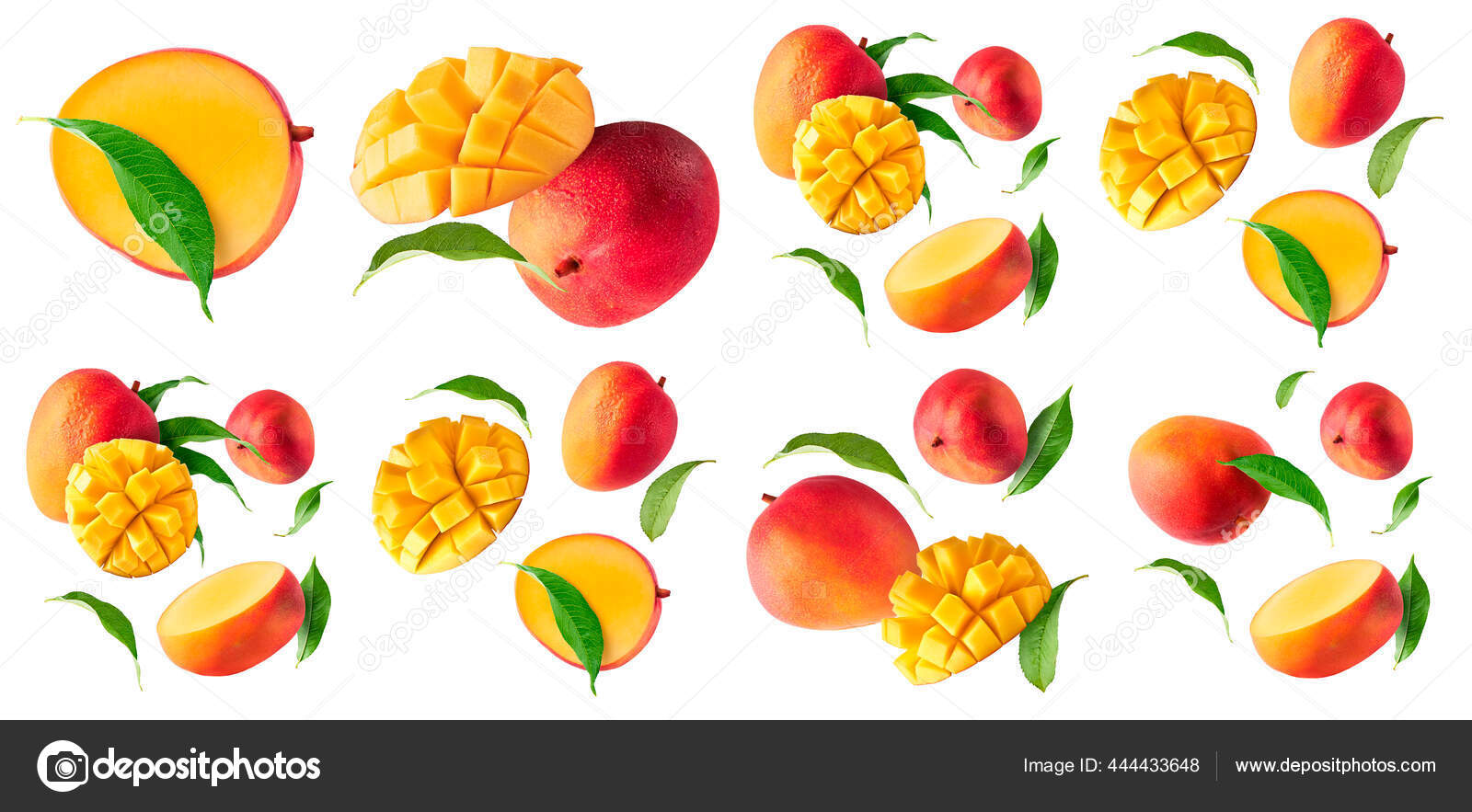 Set Fresh Ripe Mango Leaves Falling Air Isolated White Background Stock ...