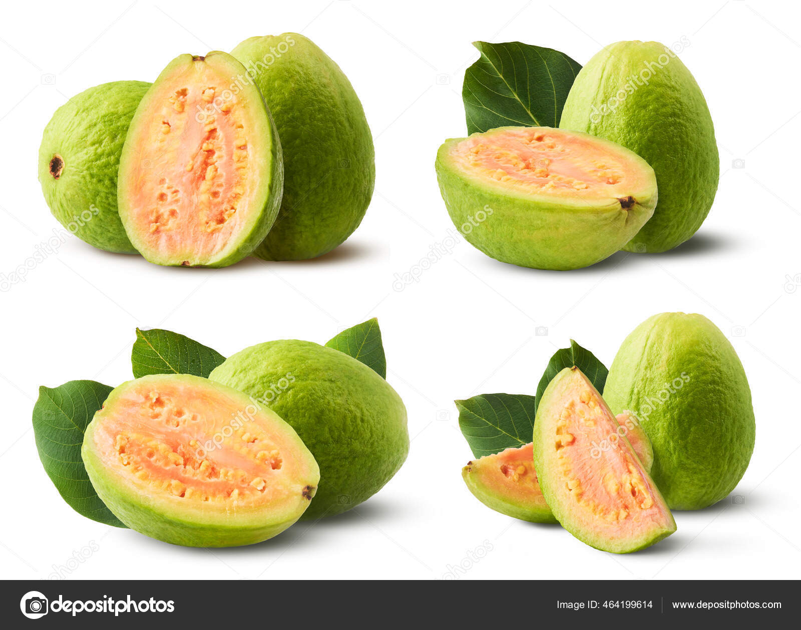 Set Fresh Ripe Whole Halved Guava Leaves Isolated White Background ...