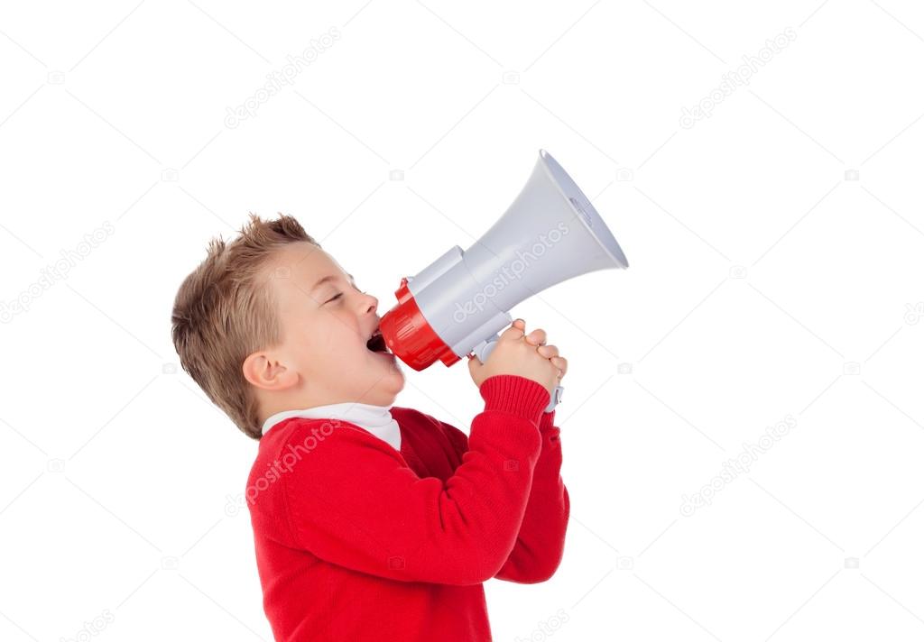 Small boy shouting through a megaphone — Stock Photo © Gelpi #96379412