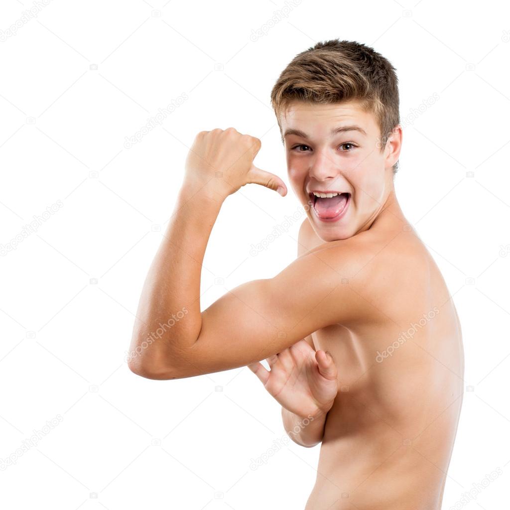 Teen boy showing biceps. — Stock Photo © karelnoppe #53448989 Teen boy showing biceps. — Stock Photo © karelnoppe #53448989