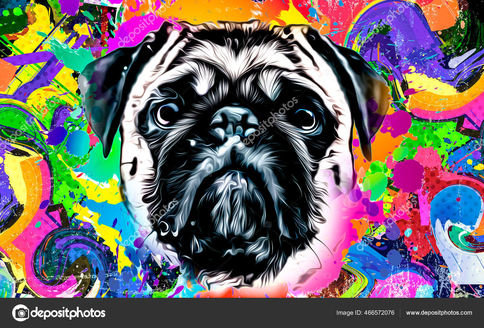 Pug Dog Head Creative Colorful Abstract Elements Dark Background Stock ...