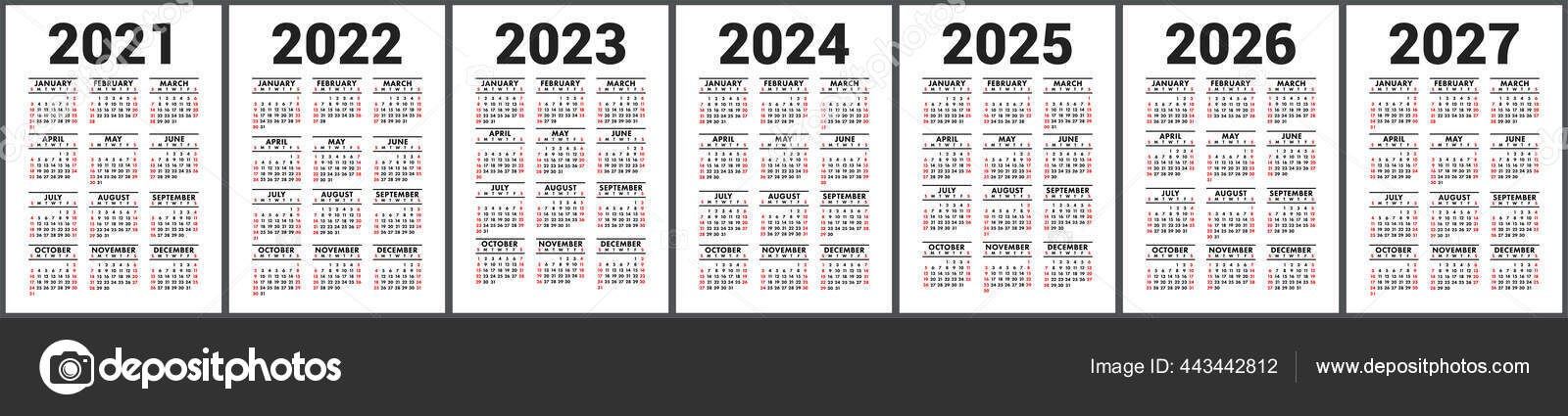 Kalendář 2021 2022 2023 2024 2025 2026 A2027 Anglický Vektor Stock Vector od © ra.khusnullina ...